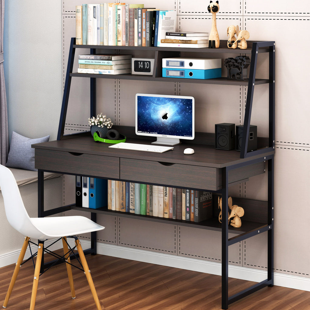 Enterprise Large Computer Desk Workstation with Shelves & Drawers (Bla